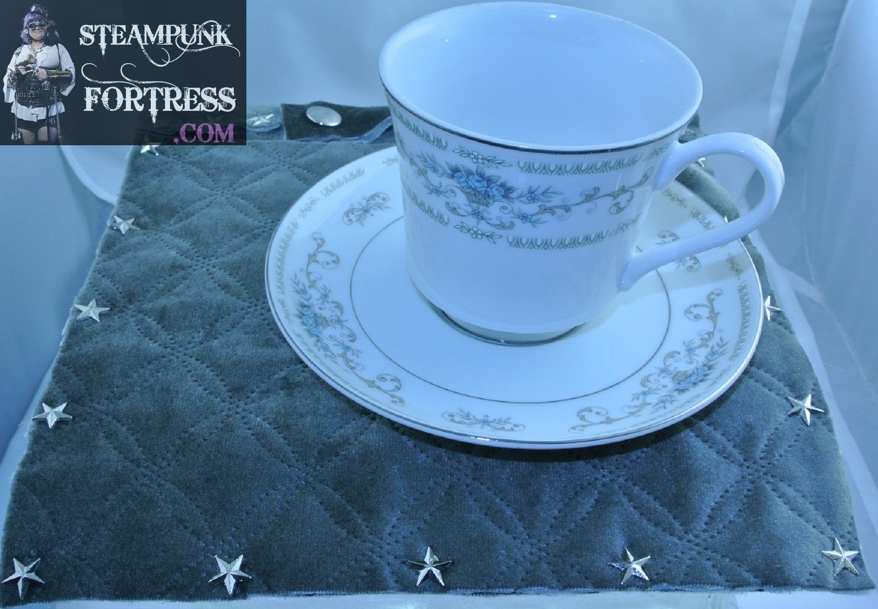 TEA CUP HOLDER QUILTED SILVER STAR RIVETS BLUE WHITE DIANE SET HOLSTER ...